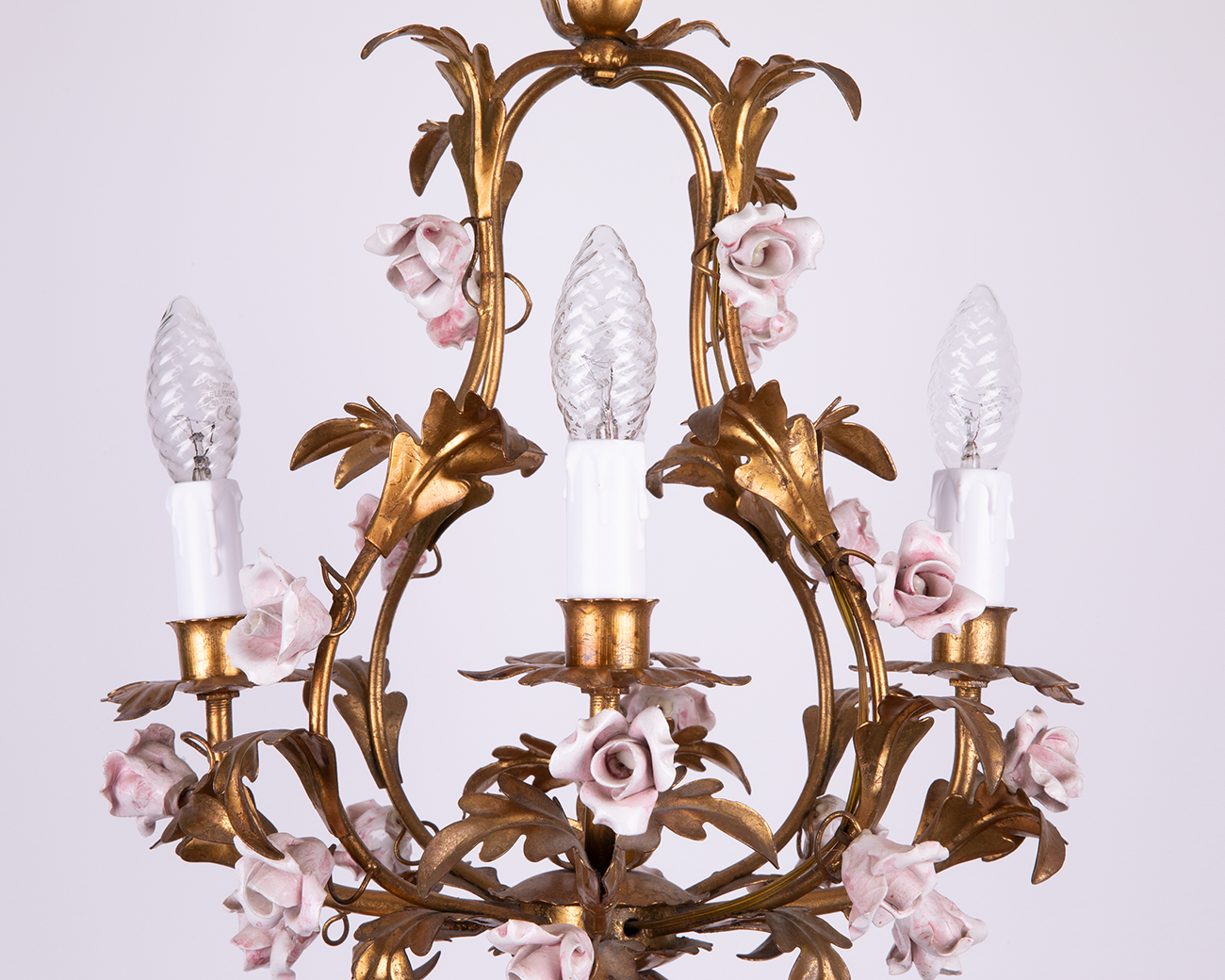 Pair of gilt chandeliers with pink ceramic roses - Vintage - Art and ...